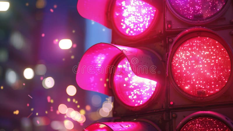 Pink Traffic Light Night City Lights Bokeh Sparkling Abstract ...