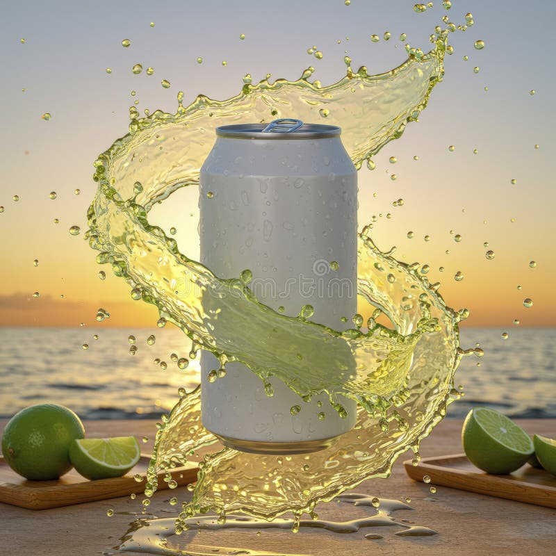 Sparkling Lime Beverage Can in a Dramatic Splash at Sunset Stock ...