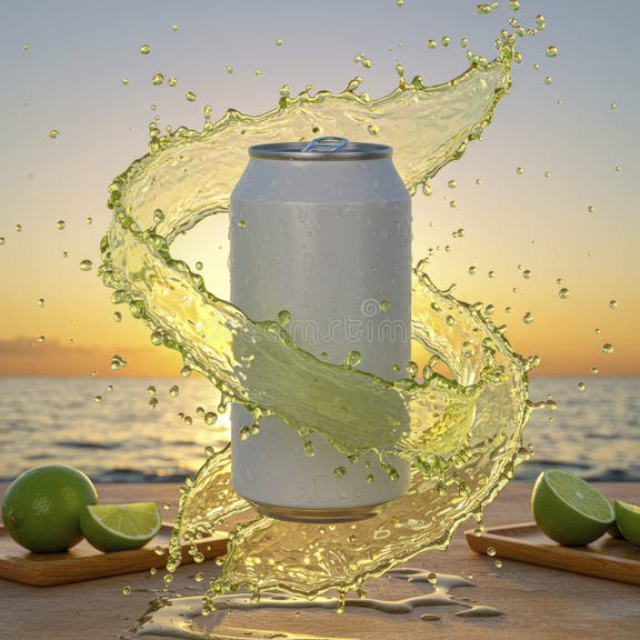 Sparkling Lime Beverage Can in a Dramatic Splash at Sunset Stock ...
