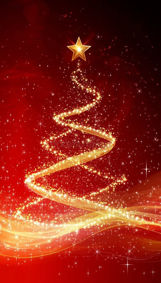 Sparkling Magic Gold Christmas Tree on a Shimmering Ruby Red Background ...
