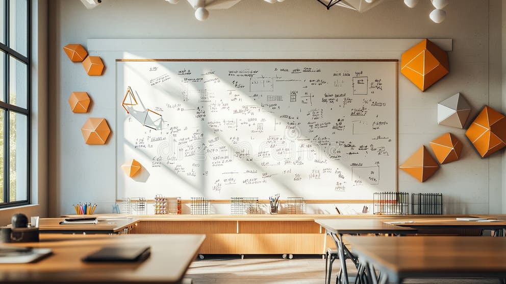 A Sparkling Math Classroom with Geometric Models and a Whiteboard Stock ...