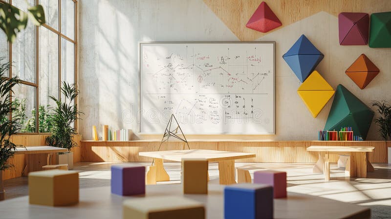 A Sparkling Math Classroom with Geometric Models and a Whiteboard Stock ...