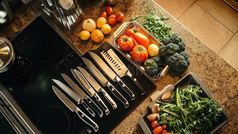A Sparkling Modern Culinary Setup with Knives, Measuring Spoons, and a ...