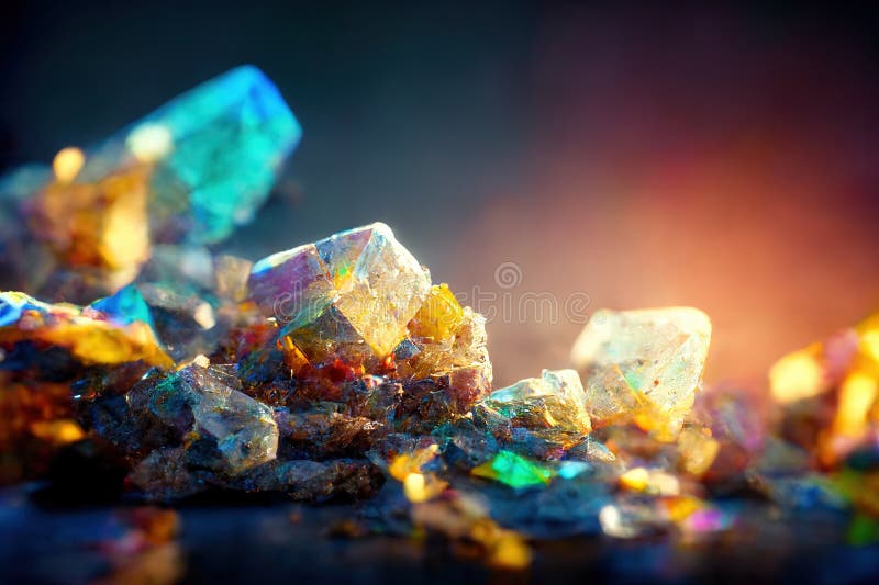 Sparkling Multi-colored Crystals with Rays of Light on Black Background ...