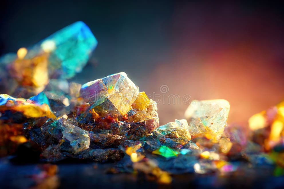 Sparkling Multi-colored Crystals with Rays of Light on Black Background ...