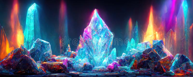 Sparkling Multi-colored Crystals with Rays of Light on Black Background ...
