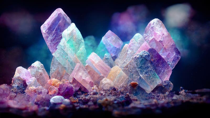 Sparkling Multi-colored Crystals with Rays of Light on Black Background ...