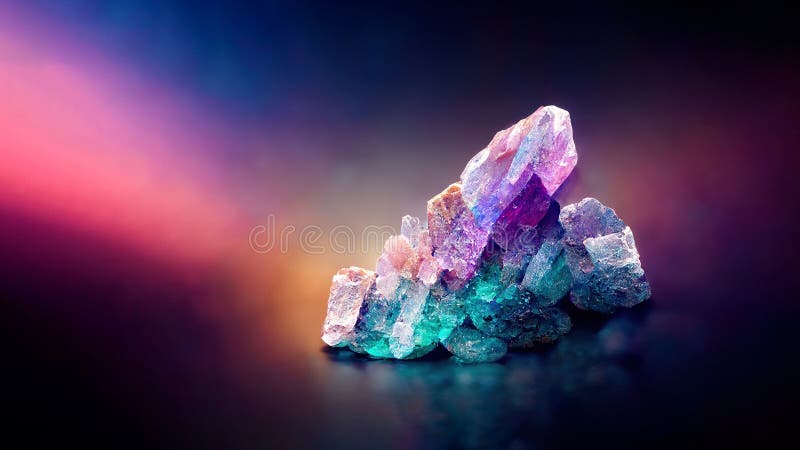 Sparkling Multi-colored Crystals with Rays of Light on Black Background ...
