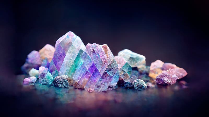 Sparkling Multi-colored Crystals with Rays of Light on Black Background ...