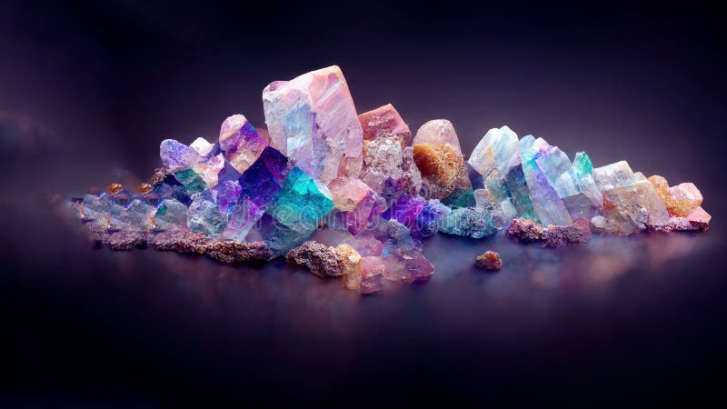 Sparkling Multi-colored Crystals with Rays of Light on Black Background ...