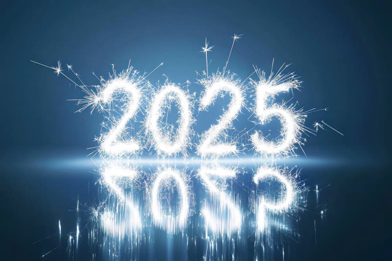 Sparkling 2025 New Year Fireworks Reflection on Blue Background Stock ...