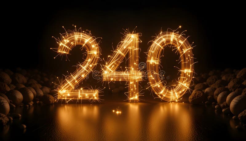 Sparkling Number 240 on a Dark Reflective Surface with Decorative Rocks ...