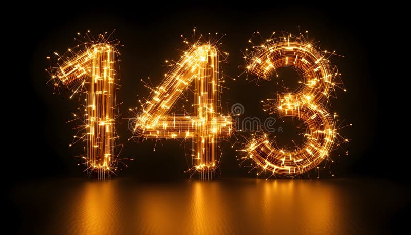 Sparkling Numerals: Golden Number 143 on Black Background, Abstract ...