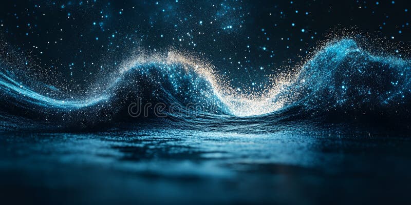 Sparkling Ocean Wave Abstract Blue Water Night Sea Glowing Particles ...