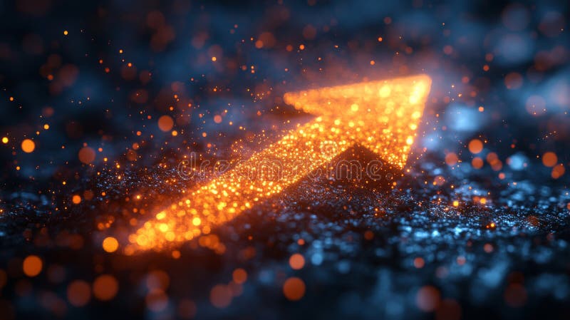 Sparkling Orange Arrow Pointing Upwards on a Dark Background with ...