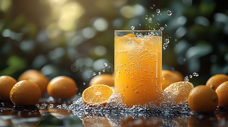 Sparkling Orange Juice Splash, Orchard Background, Refreshment Stock ...