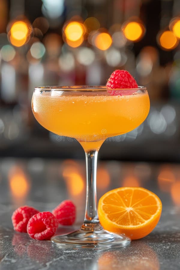 Sparkling Orange and Raspberry Cocktail in a Coupe Glass, Elegant Bar ...