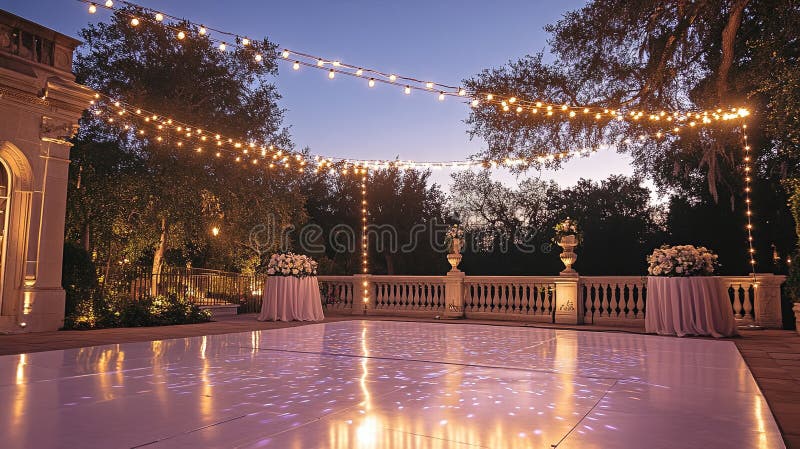 A Sparkling Outdoor Prom Setup with a Dance Floor and String Lights ...