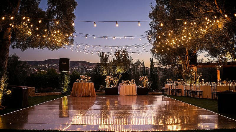 A Sparkling Outdoor Prom Setup with a Dance Floor and String Lights ...