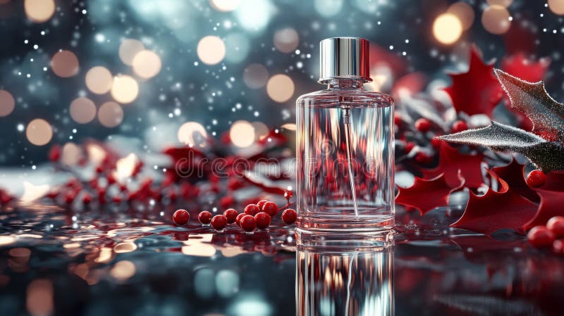 A Sparkling Perfume Bottle on Reflective Surface with Festive ...