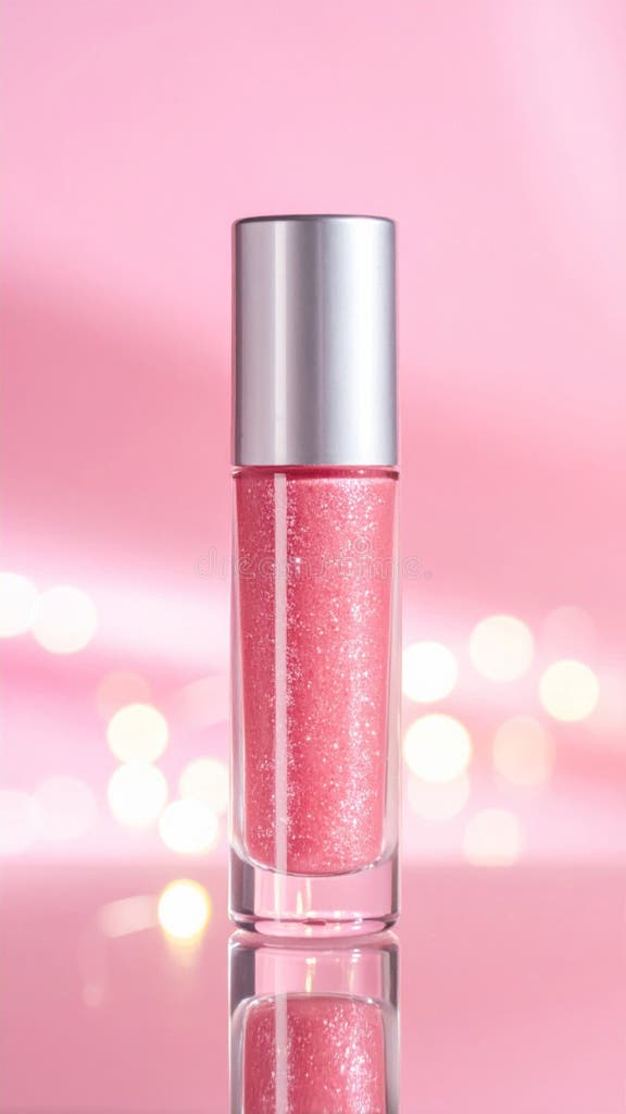 Sparkling Pink Glitter Lip Gloss with Silver Cap on Reflective Surface ...