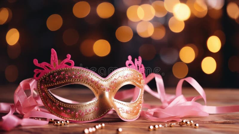 Sparkling Pink and Gold Masquerade Mask with Bokeh Lights in Background ...
