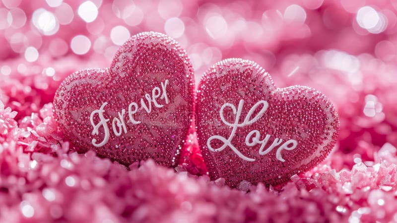 Sparkling Pink Hearts with "Forever Love" Message on Glitter Background ...