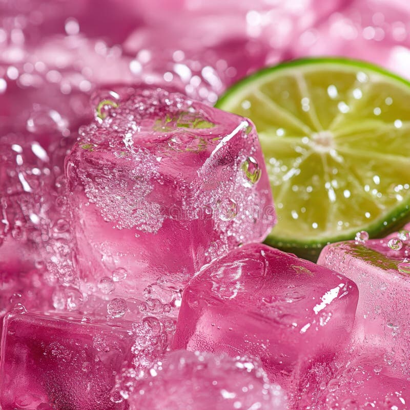 Sparkling Pink Ice Cubes and Lime in Refreshing Composition Stock Photo ...