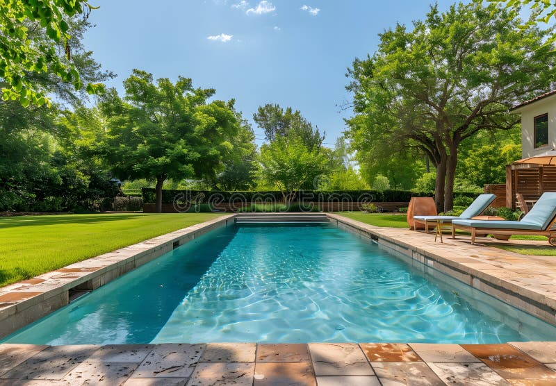 Sparkling Pool in Lush Backyard Oasis Stock Illustration - Illustration ...