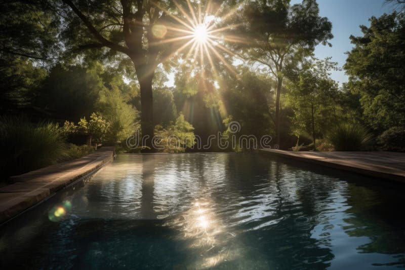 Sparkling Pool with Sun Rays Shining Down on the Water Stock ...