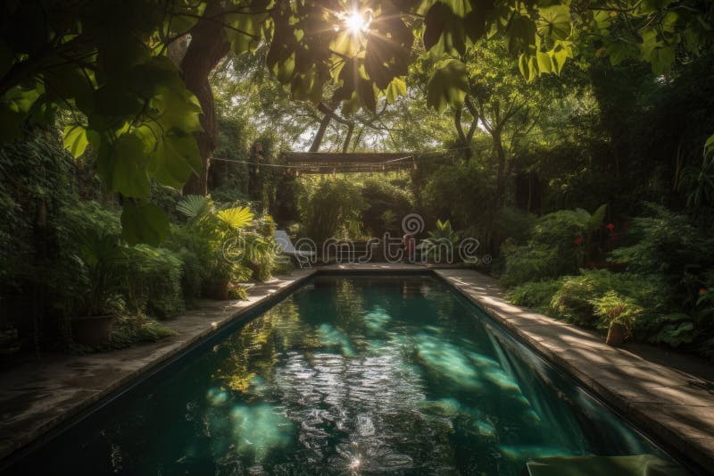 Sparkling Pool with Sunbeams Shining Down, Surrounded by Greenery Stock ...