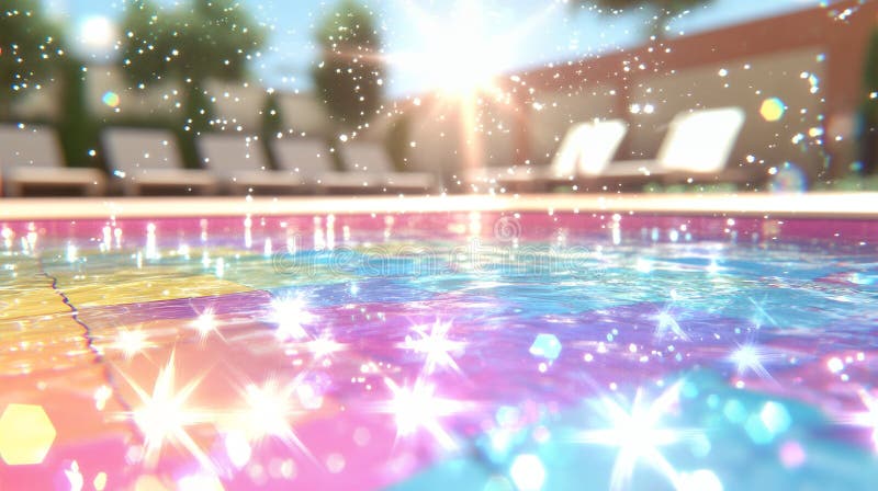 Sparkling Pool Water with Sunlit Reflections and Relaxing Loungers in ...