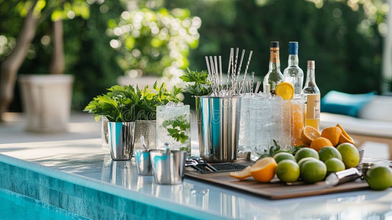A Sparkling Poolside Mixology Station with Fresh Ingredients and Stock ...