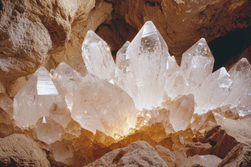 Sparkling Quartz Crystal Cluster in Cave Stock Illustration ...