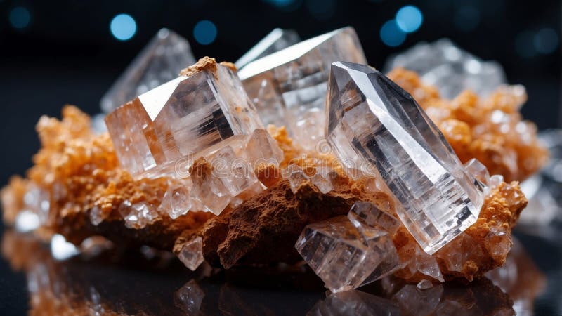 Sparkling Quartz Crystal Cluster on Reflective Surface. Stock Photo ...