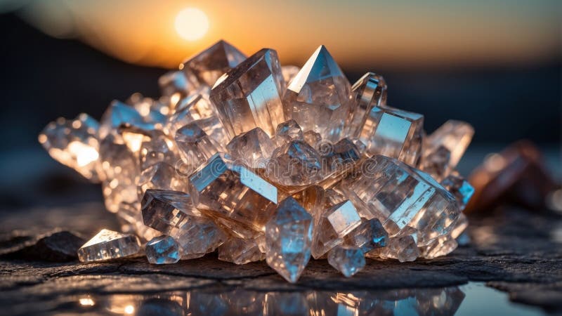 Sparkling Quartz Crystal Cluster on Reflective Surface. Stock Image ...