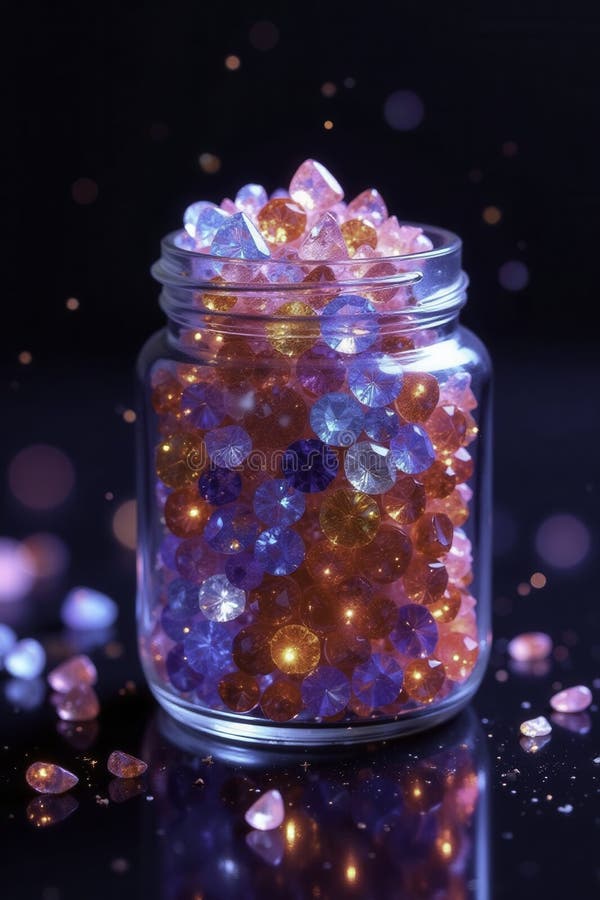 Sparkling Rainbow Colored Diamond Fragments in a Jar, Container, Shine ...