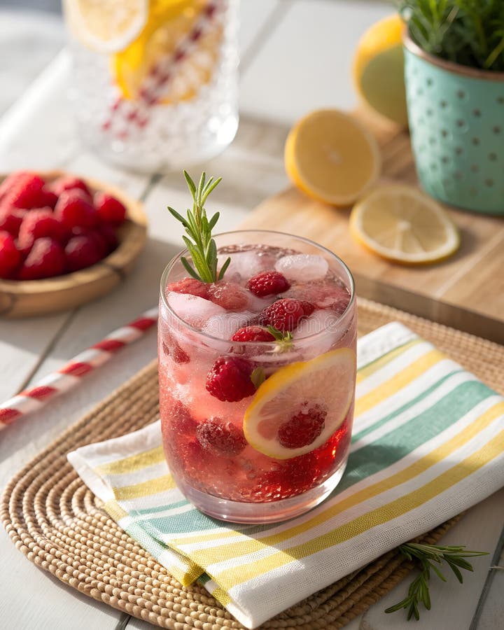 Sparkling Raspberry Lemonade Mocktail with Rosemary Stock Illustration ...