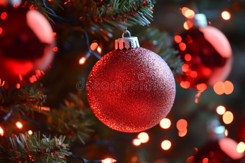 Sparkling Red Christmas Bauble Hanging on a Tree Branch with Glowing ...