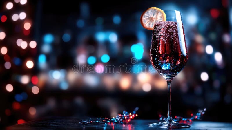 Sparkling Red Cocktail with Lemon Slice in a Glass at Night Stock Photo ...
