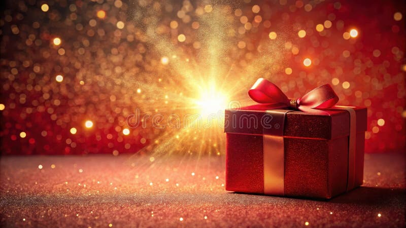 A Sparkling Red Gift Box with a Golden Ribbon on a Glittering Surface ...