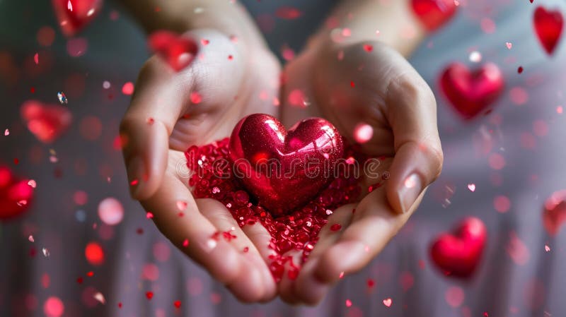 Sparkling Red Hearts Floating from Hands. Generative Ai Stock ...