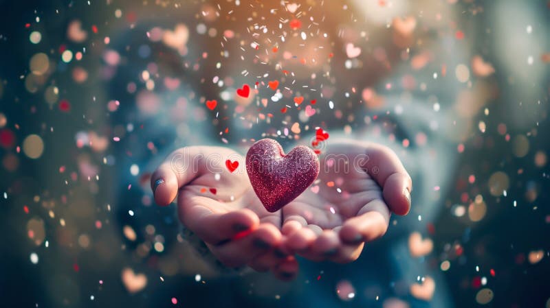 Sparkling Red Hearts Floating from Hands. Generative Ai Stock ...