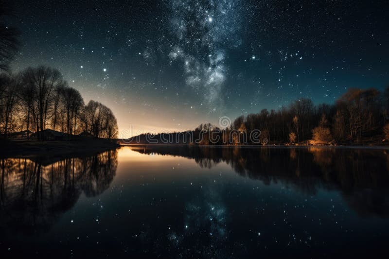 Sparkling Reflection of the Night Sky in a Lake Stock Illustration ...