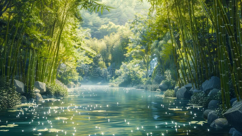 Sparkling River through Bamboo Forest Stock Image - Image of sunset ...