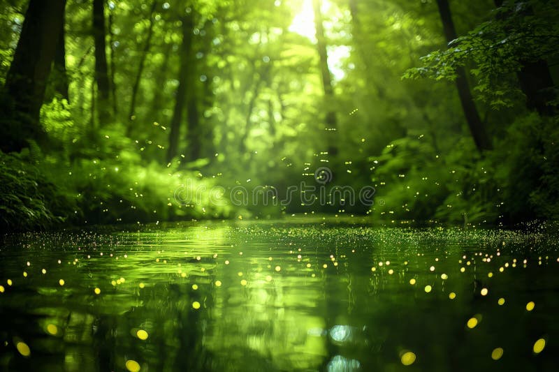 Sparkling River in Forest, Illuminated by Fireflies Stock Image - Image ...