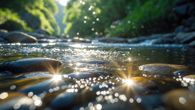 Sparkling River Stones in Sunlight: Close-up View of Water Flowing Over ...