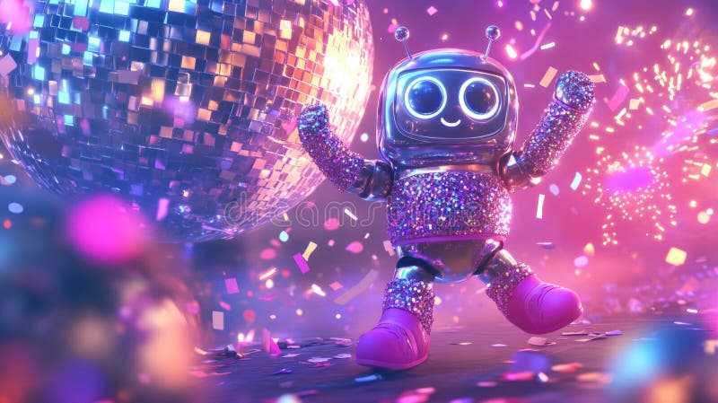 Sparkling Robot Dancing at a Vibrant Disco Party with Bright Confetti ...