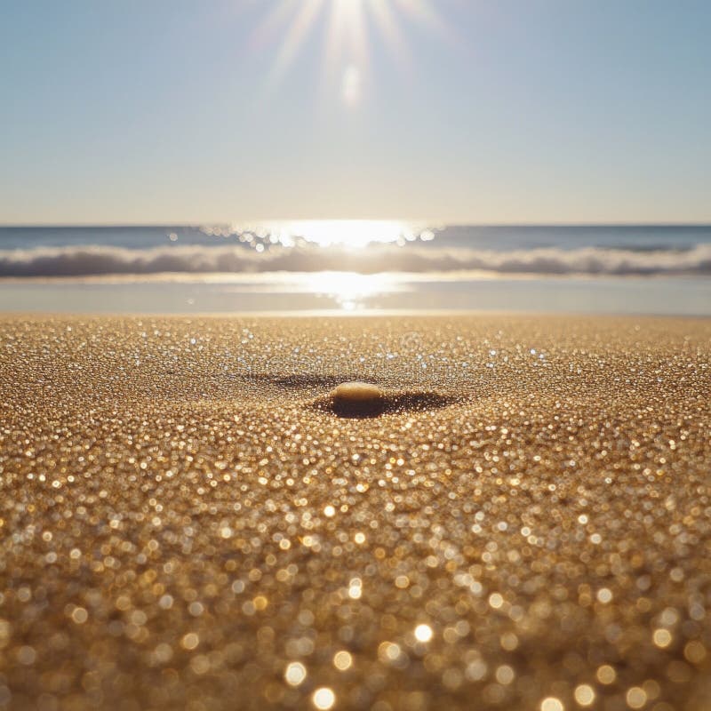 Sparkling Sunlit Beach with Glowing Sand and Ocean Waves Stock Photo ...