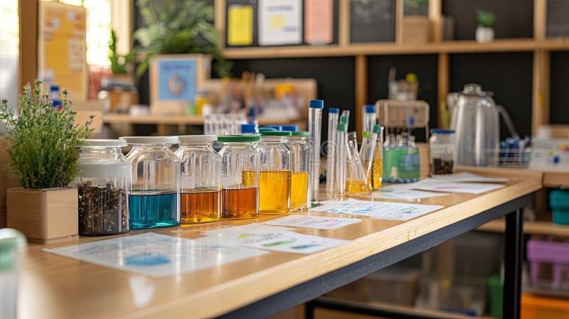 A Sparkling Science Experiment Table with Neatly Labeled Jars and Stock ...